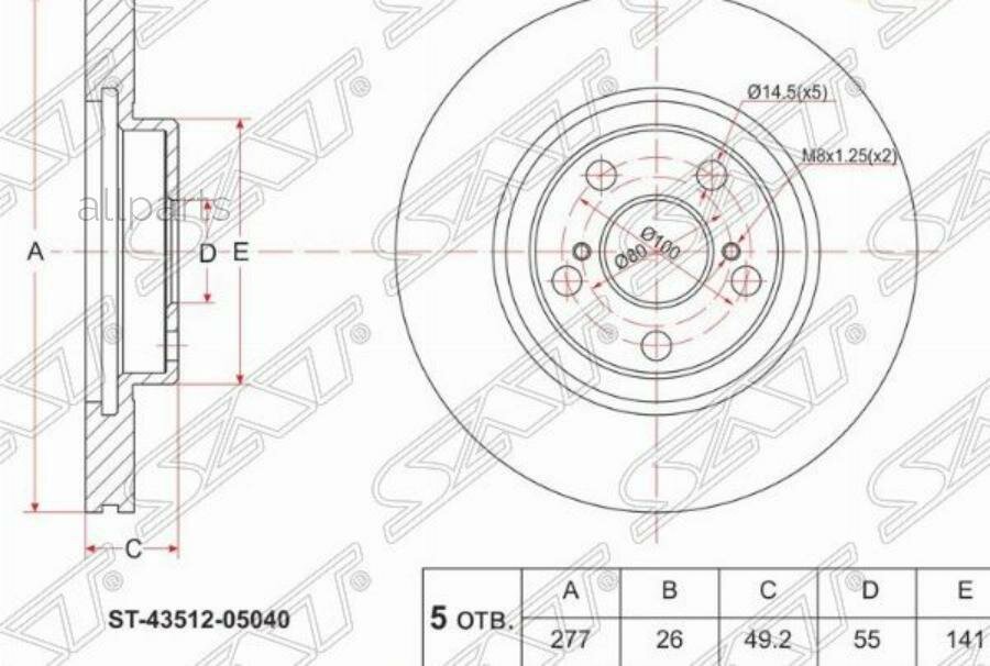 SAT ST-43512-05040 Диск тормозной (Перед) Toyota Avensis (T250) 03-08