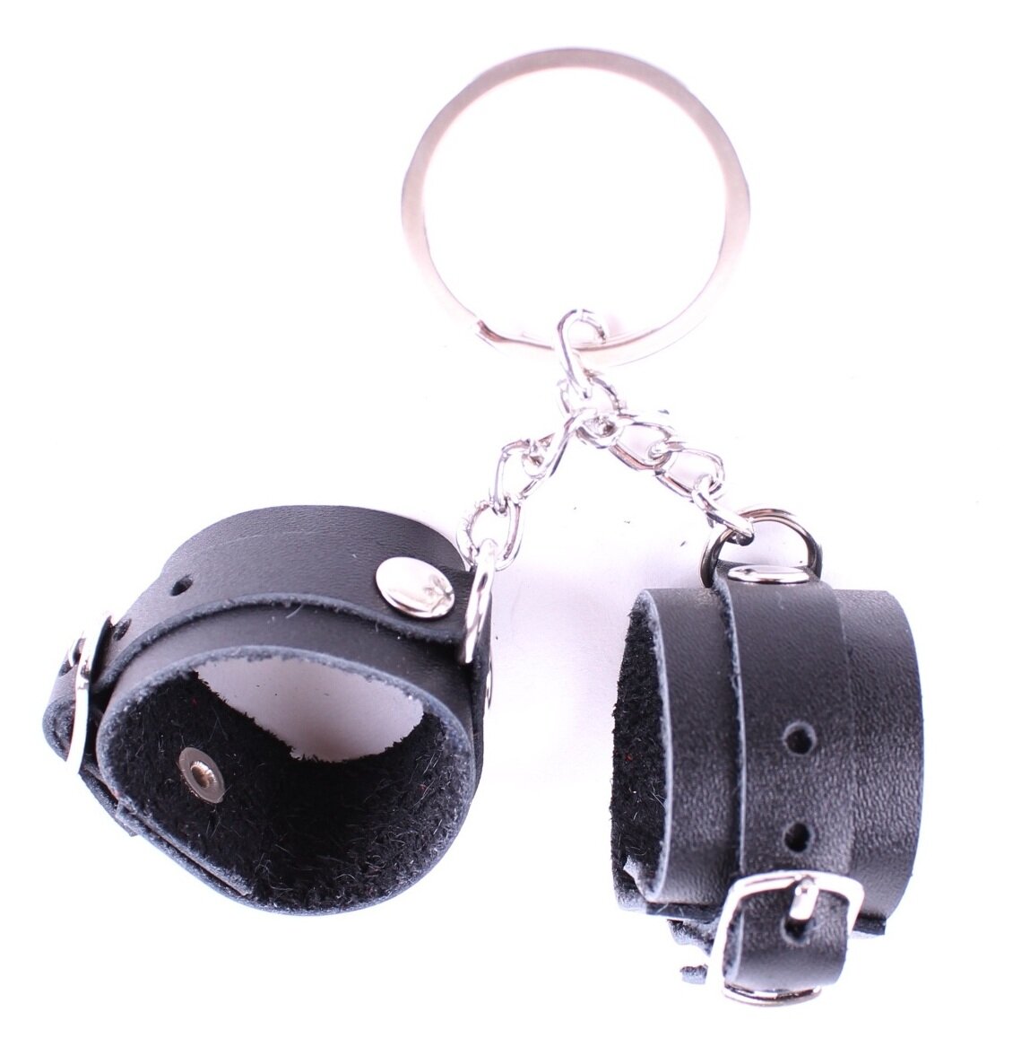 Брелок наручники БДСМ Арсенал из натуральной кожи и металла чёрного цвета для элегантного соблазна