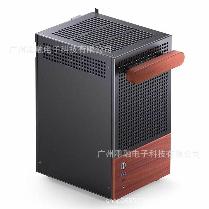 Корпус JONSBO T6 из алюминия, формата ITX, с прозрачной правой стороной, отделкой из орехового дерева, серебристо-черной ручкой.