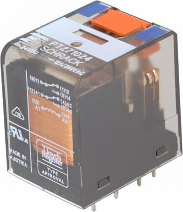Реле TE Connectivity Ltd PT271024 Реле электромагнитное DPDT Uобмотки 24ВDC 12A/250ВAC 12A/30ВDC монтаж PCB. 1шт