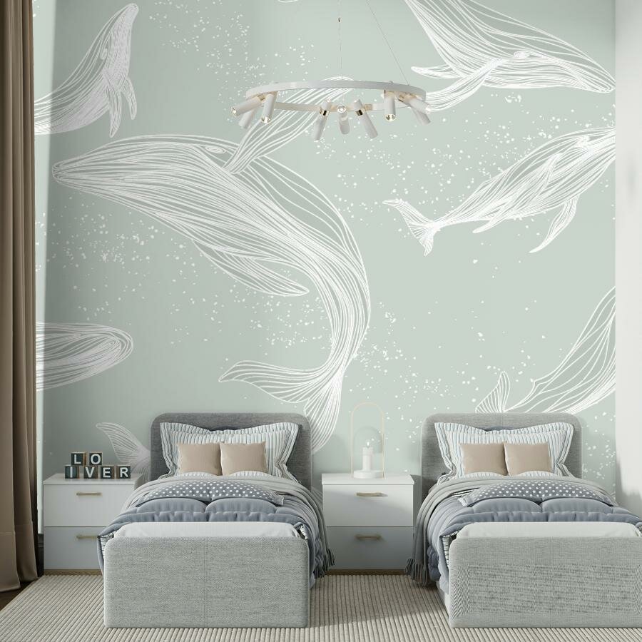 Фотообои Киты в детскую 14-1259-S-Флок 270 x 200 см (ВхШ) Бесшовные, флизелиновые, влагостойкие обои