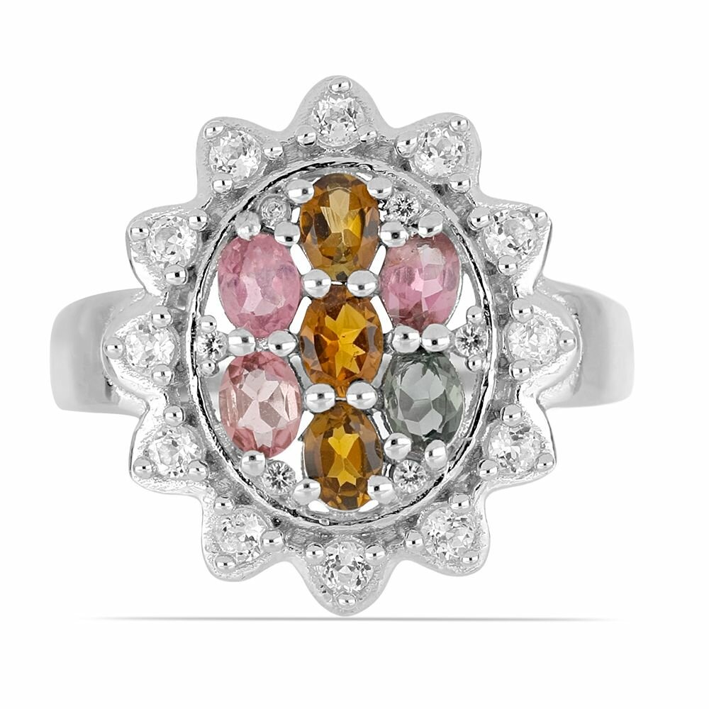 Кольцо, серебро, 925 проба, родирование, турмалин, топаз