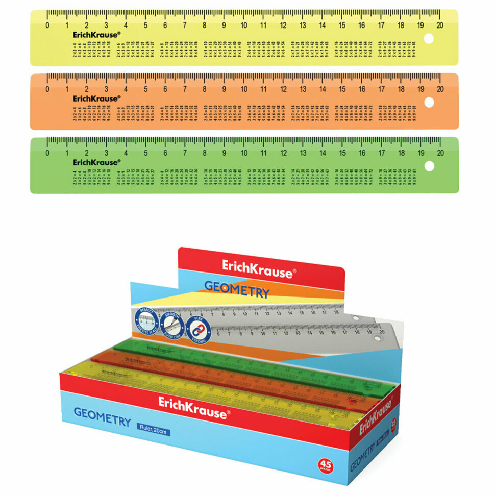 Линейка пластиковая 20 см, ERICH KRAUSE "NEON", с таблицей умножения, ассорти, 57851, 210808