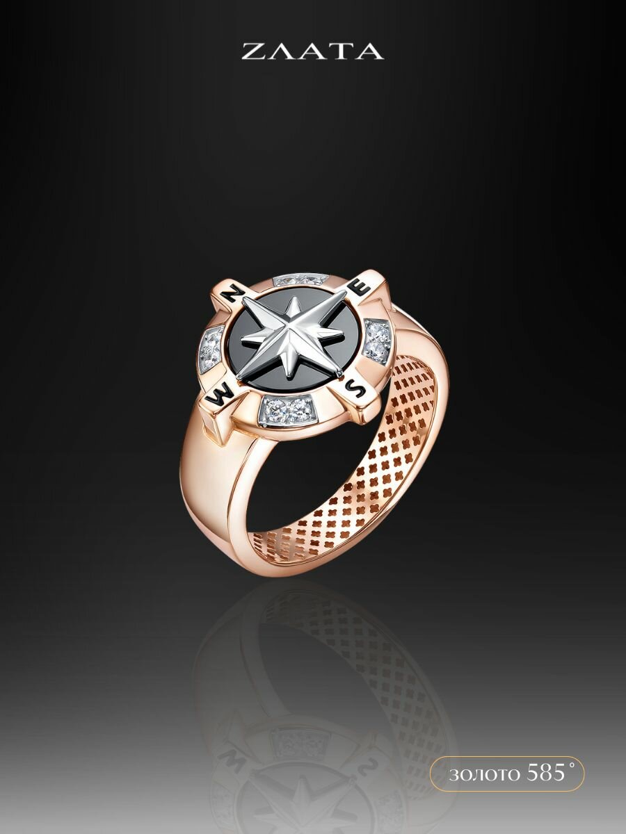 Печатка, красное золото, 585 проба, фианит, эмаль, оникс