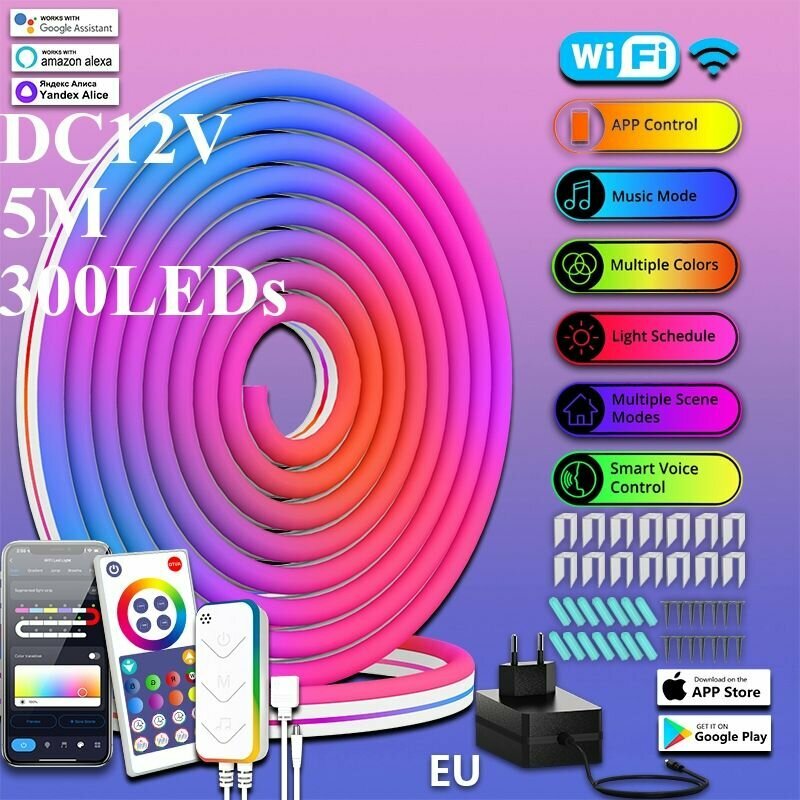 Умная жизнь WiFi фото неоновая веревка, 5 м 300 светодиодов, Светодиодная лента из силикона с питанием от USB, RGBIC, Гибкая лента с управлением через приложение IP67 для самостоятельного стайлинга