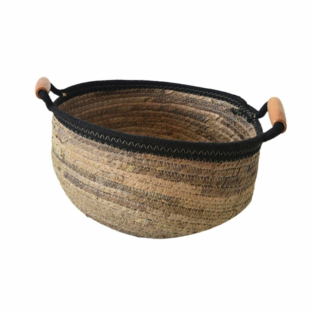Настольная корзина для хранения банановой веревки с деревянной ручкой-большая черная кайма