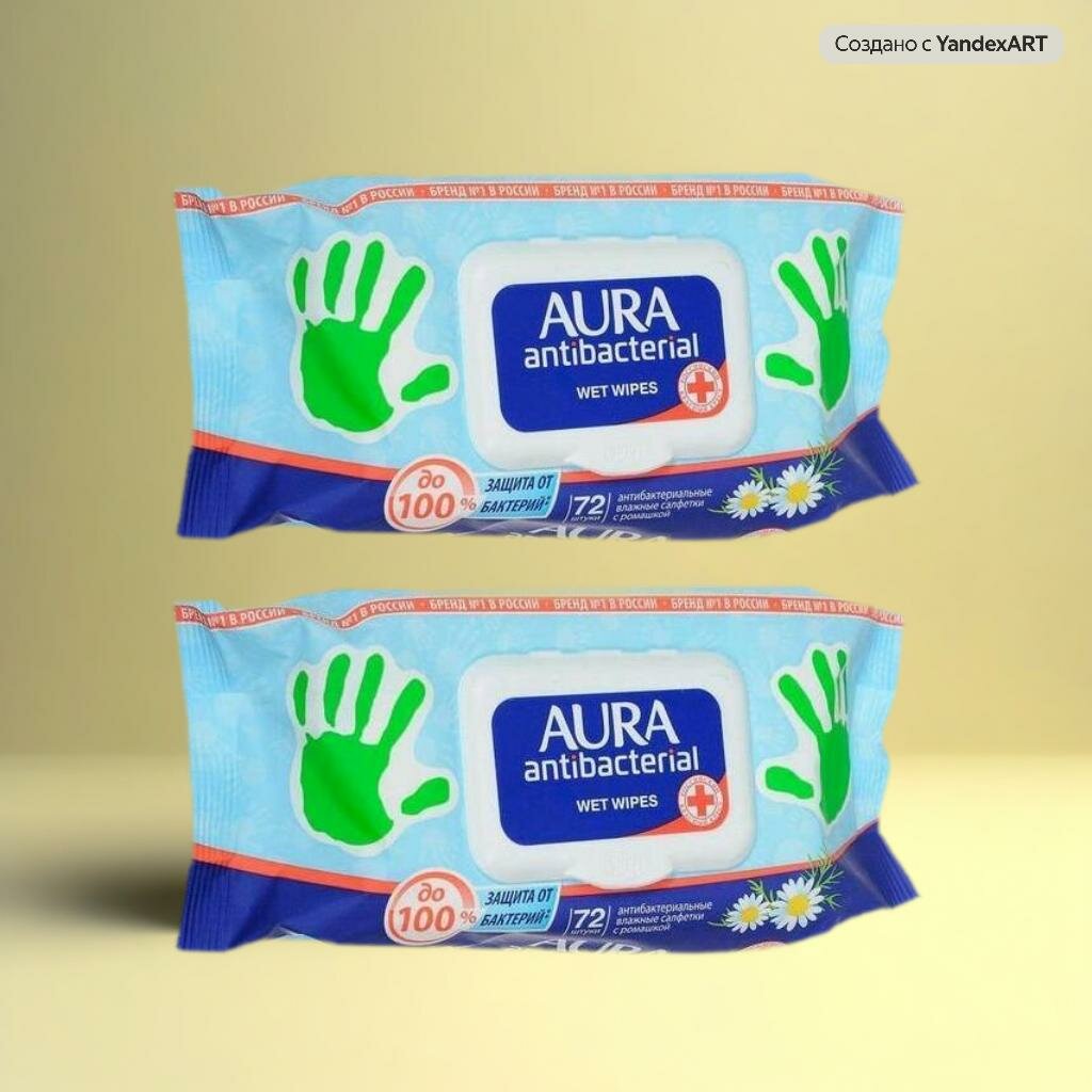 Влажные салфетки антибактериальные Aura Derma Protect Ромашка, big-pack с крышкой, 72 шт, 2 уп