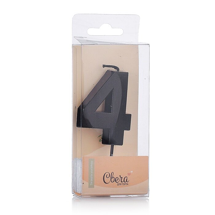 Свеча для торта Волна веселья "Цифра 4", Грани, Черный металлик, 4,2х6-4,5 см, с держателем (803174)