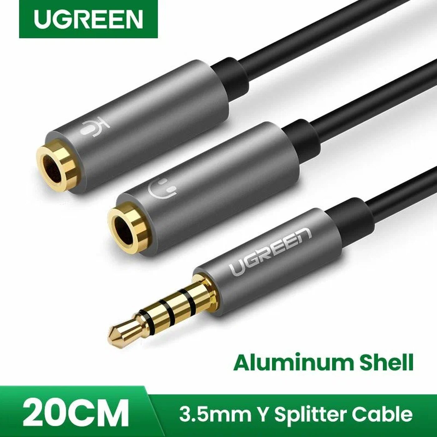 Кабель UGREEN AV141 (30619) 3.5mm male to 2 Female Audio Cable Aluminum Case. Длина: 20 см. Цвет: черный