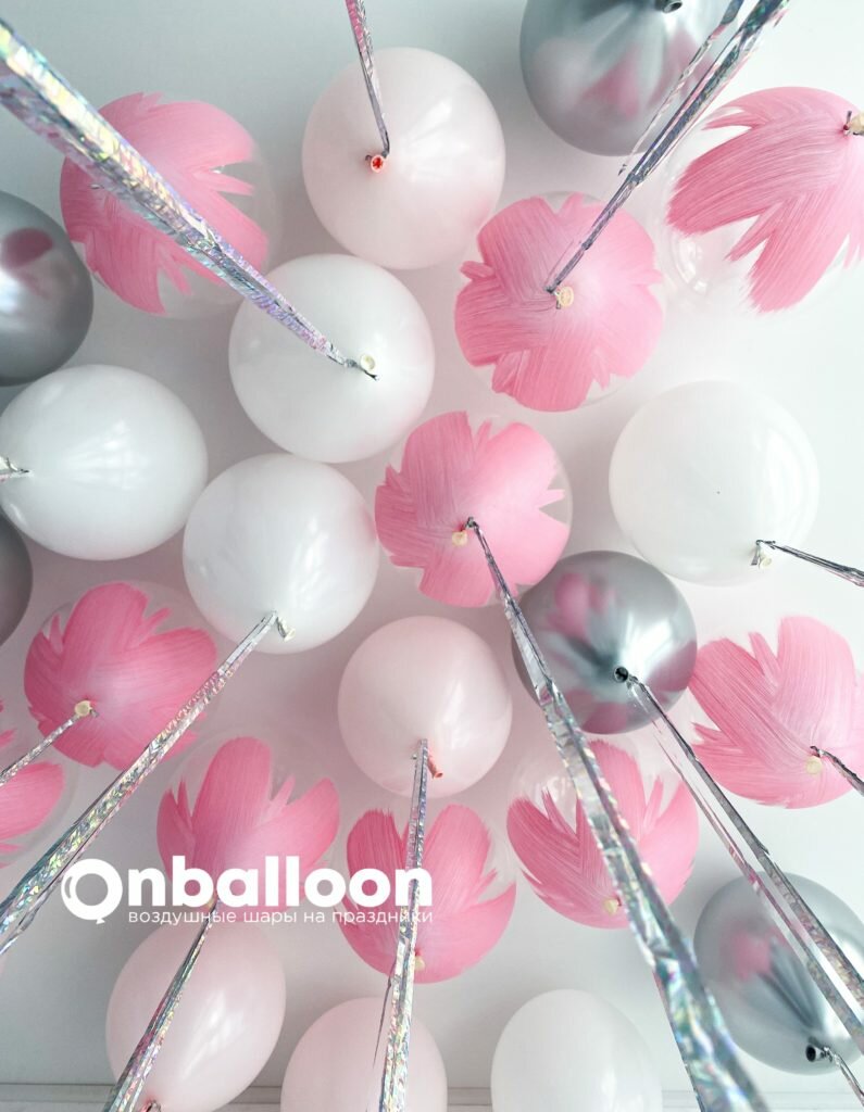 Воздушные шары под потолок, латекс, пастельные, браш и хромированные, надутые гелием
