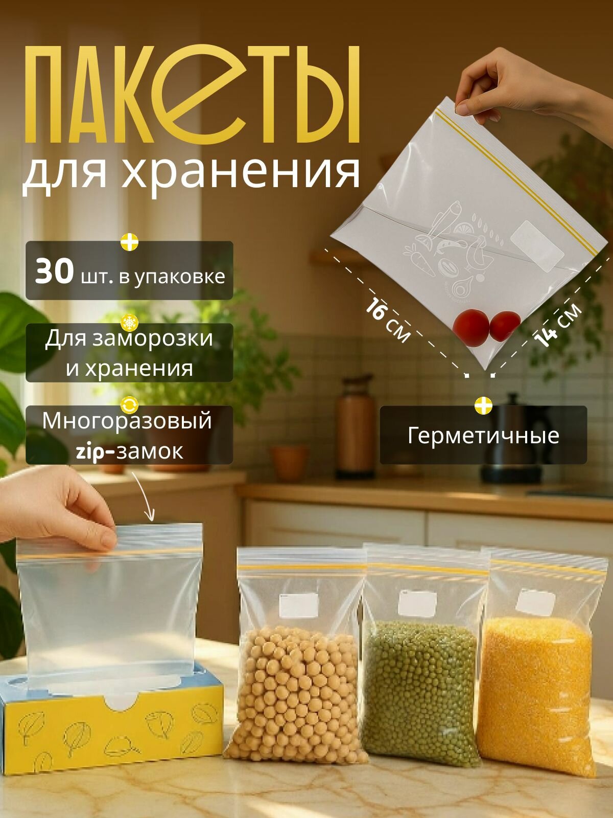 ZIP Lock пакеты пищевые универсальные для заморозки с бегунком