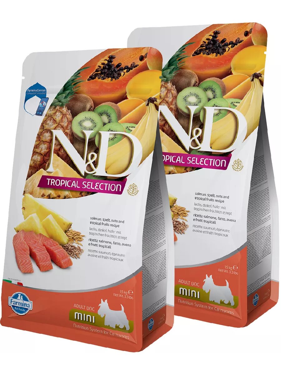 Корм сухой Farmina Dog N&D Tropical Selection Adult Mini Salmon для взрослых собак мелких пород с лососем, 1,5 кг х 2 шт