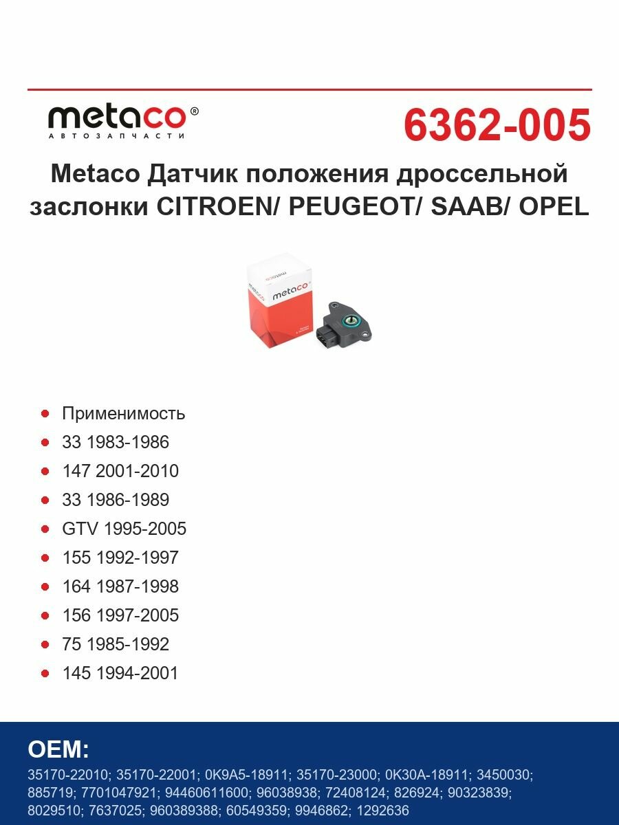 Metaco Датчик положения дроссельной заслонки CITROEN/ PEUGEOT/ SAAB/ OPEL