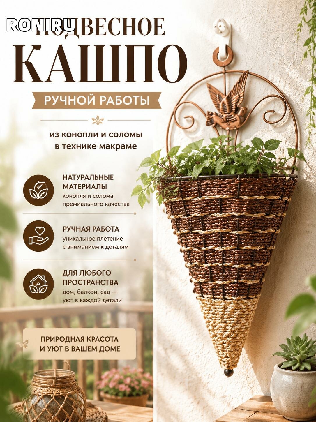 Подвесное кашпо для цветов ручной работы из конопли и соломы — макраме, декор для дома, балкона и сада, для уюта