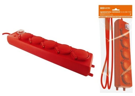 Удлинитель силовой Tdm Electric Уз16-05В (с крышками IP44, выключатель, 5 мест/20м КГ 3х1,5), SQ1302-0024