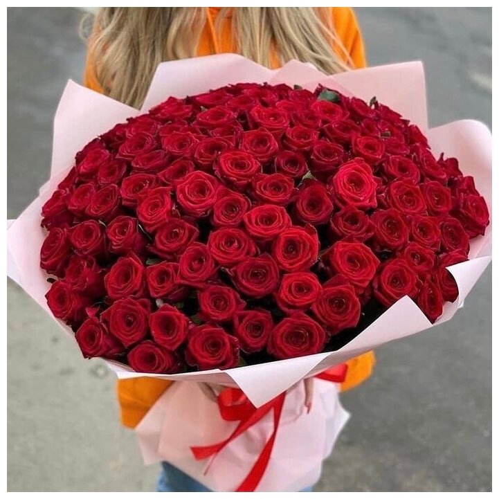 Букет живых цветов из 101 красной розы 50см в упаковке / Радуга Букет