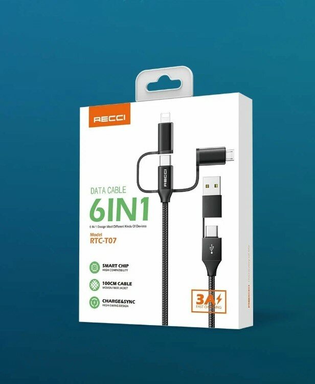 Кабель для быстрой зарядки RECCI Data Cable 6-in-1, U+C to Type-C+Lightning+micro-USB, 3А, 1 метр, Черный, RTC-T07