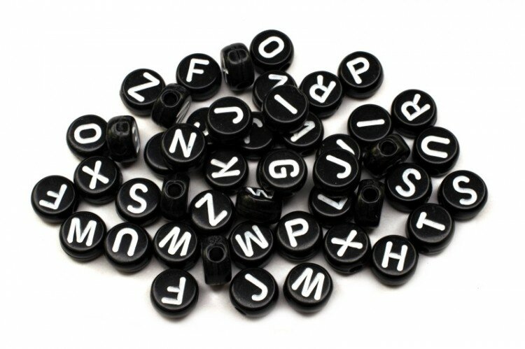 Бусины с буквами Алфавит 7х4мм, отверстие 1мм, цвет черный/белый, 540-018, 10г (около 72шт)
