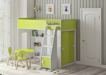 Кровать чердак Л-42.5.1 со шкафом-купе Белый Лайм
