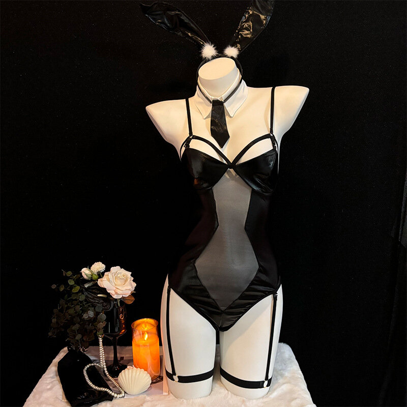 Костюм Bunny Girl, лакированная кожа, открытый файл, черный