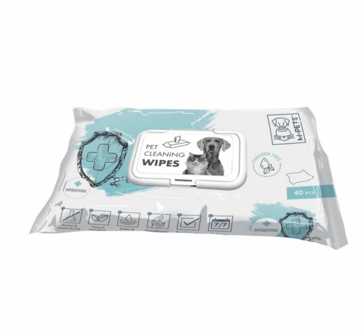 M-PETS Очищающие влажные салфетки для животных, собак, кошек, антибактериальные, с хлоргексидином, 40 шт.