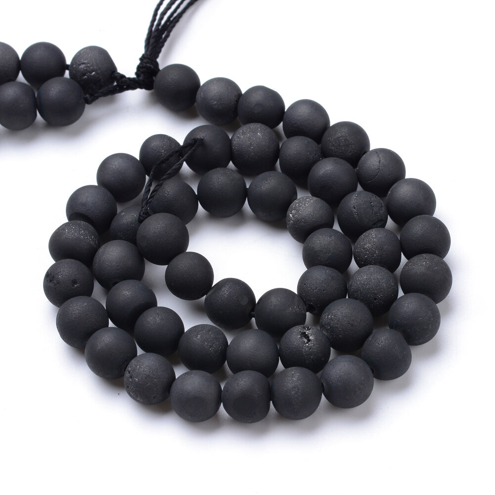 Бусины каменные, агат, матовый друзовый, 8мм, коричневато-черный с радужным покрытием, 47 шт, низка