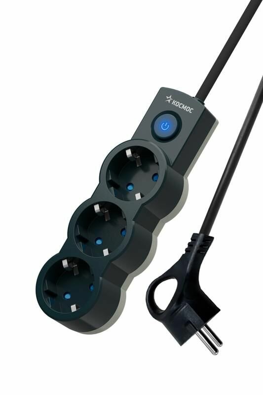 Удлинитель 3х1.5м с заземл. 10А IP20 2200Вт 220В защ. шторки ПВС 3х1 с выкл. черн. Космос YKsm1.5m-3g-Z-V10A-B