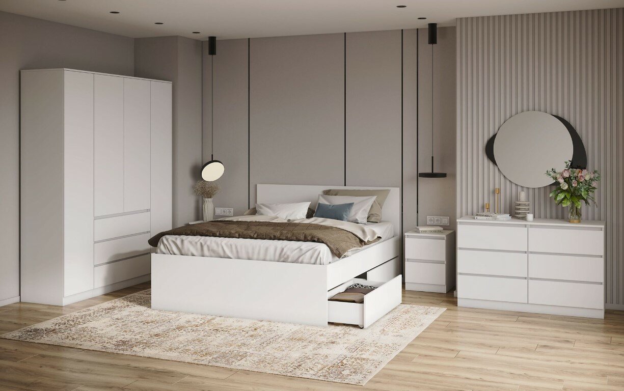 Кровать двуспальная 140х200 см с ящиками крмя 1400.1/1 (МП/3) Белый МС Мори, ЛДСП
