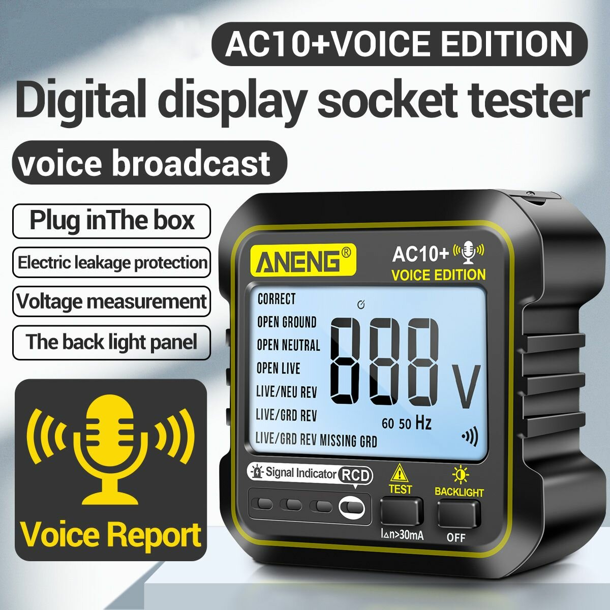 Многофункциональный тестер розеток голосового вещания ANENG, защита от утечки, определение полярности, измеритель фаз RCD 220 В для вилки США/ЕС, мультиметр, цифровой тестер, домашние инструменты