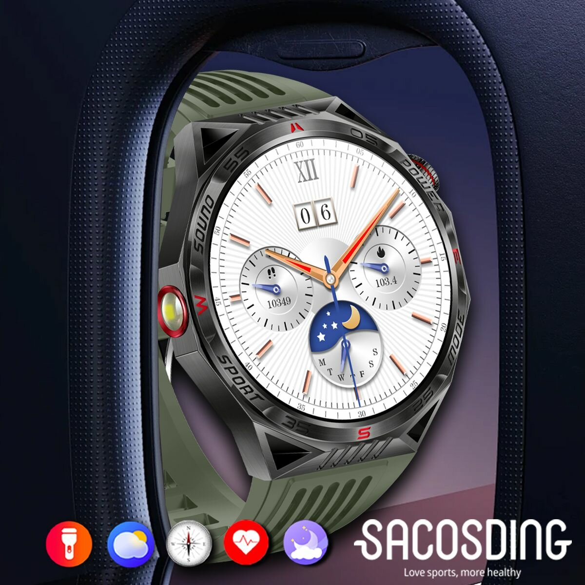 Смарт часы мужские Smart SPORTS Watch с 1.85'большим amoled экраном, С фонариком лазерный свет, компас, фитнес-трекер, bluetooth звонки