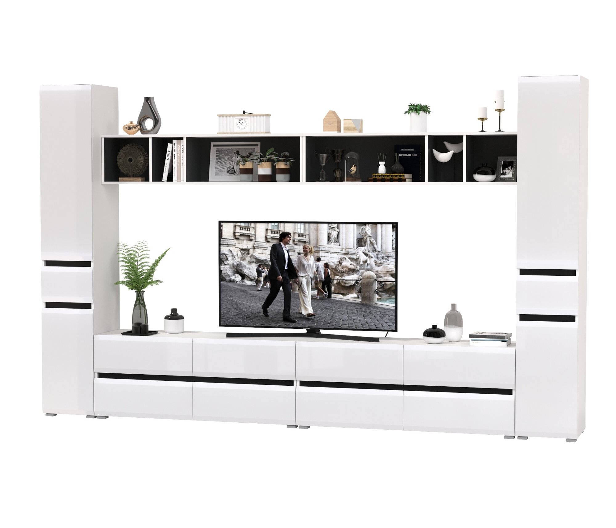 Комплектация в гостиную Моби Сидней № 79, цвет белый/чёрный/МДФ белый глянец, 330х41,3х205,2 см.