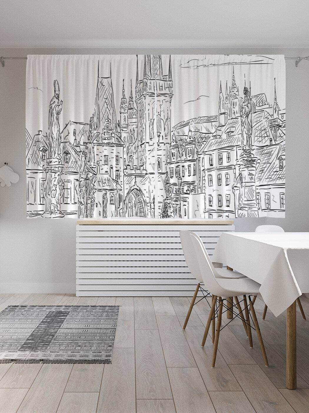 Фотошторы короткие "Город эскиз", 2 полотна шириной по 145 см, высота 180 см, JoyArty