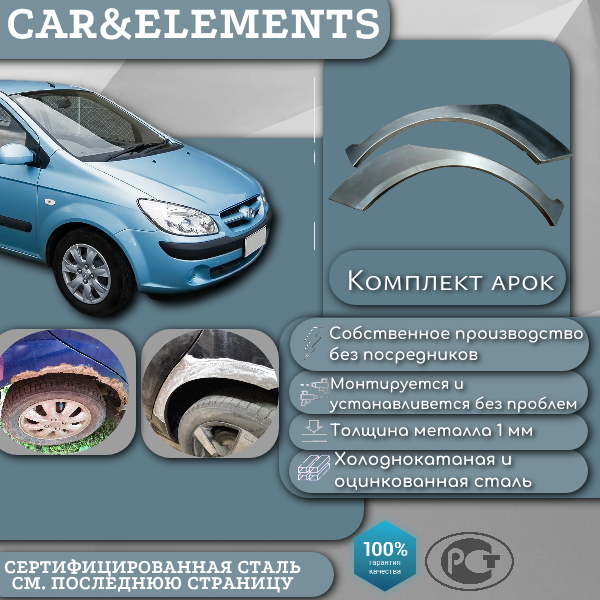 Комплект арок для автомобиля Hyundai Getz 2002-2011г. (Хендай Гетс) Оцинкованная сталь 1 мм