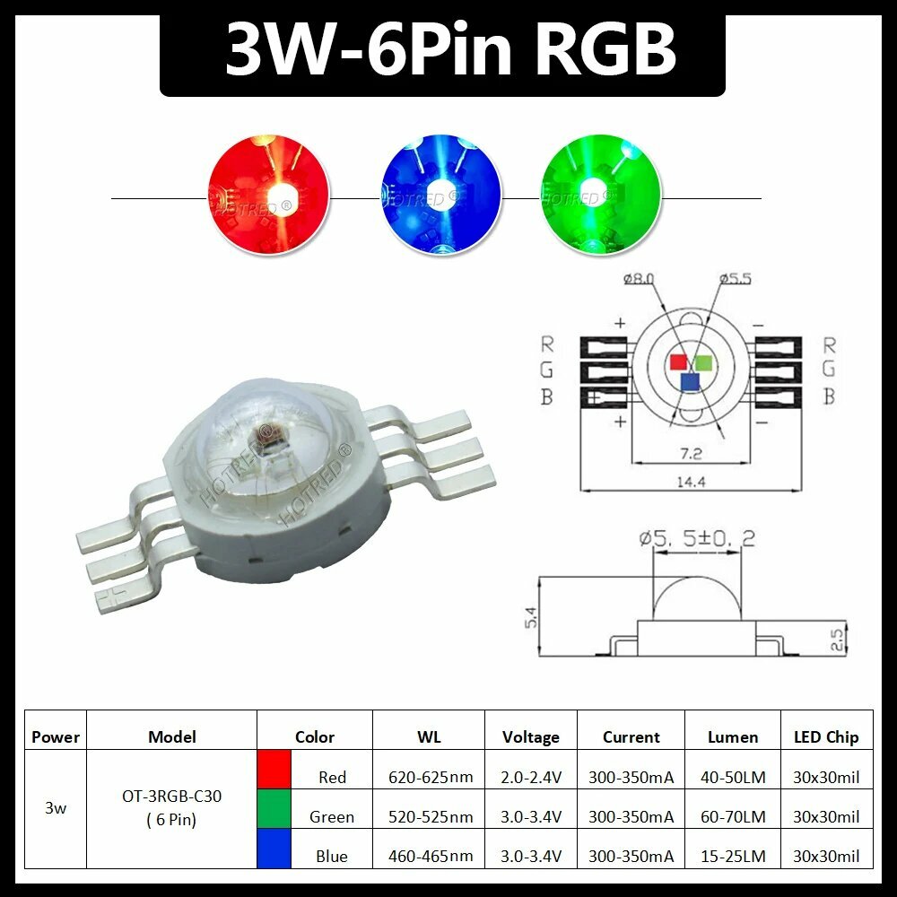 RGBW RGBWY LED светильники HotRed 3-18 Вт 6pin 3W RGB, 10Pieces