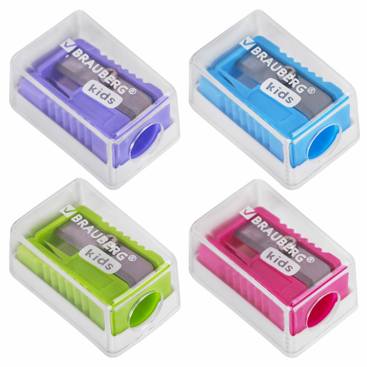 Точилка ручная пластиковая Brauberg Kids Mini (1 отверстие, с контейнером, пастельные цвета), 24шт.