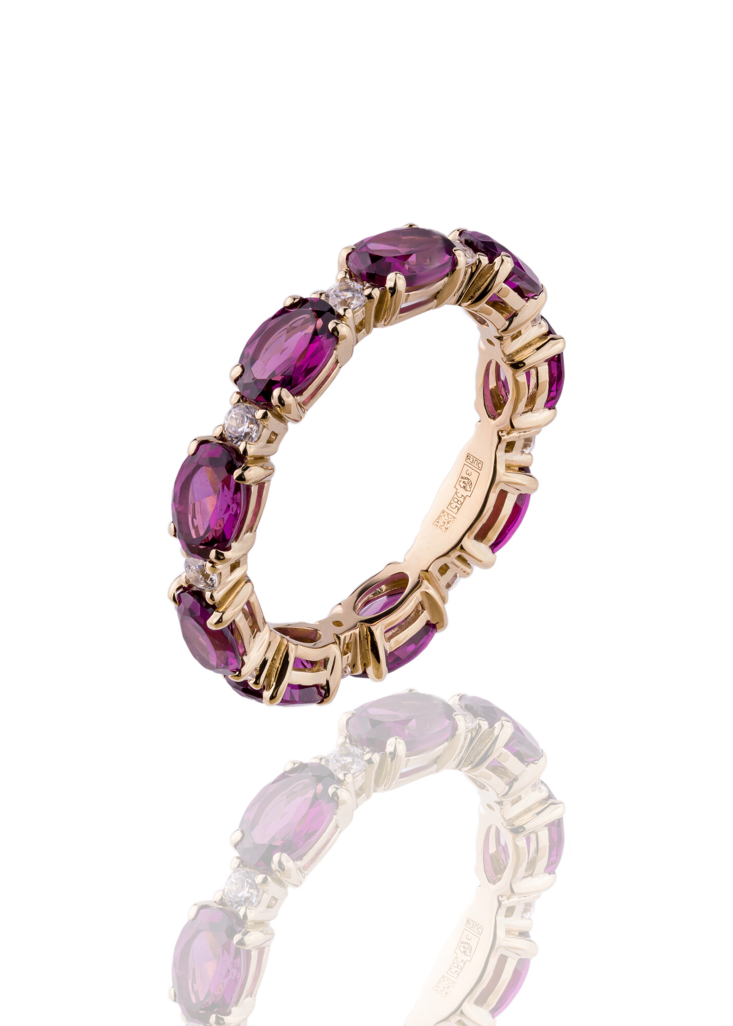 Кольцо дорожка, желтое золото, 585 проба, фианит, родолит