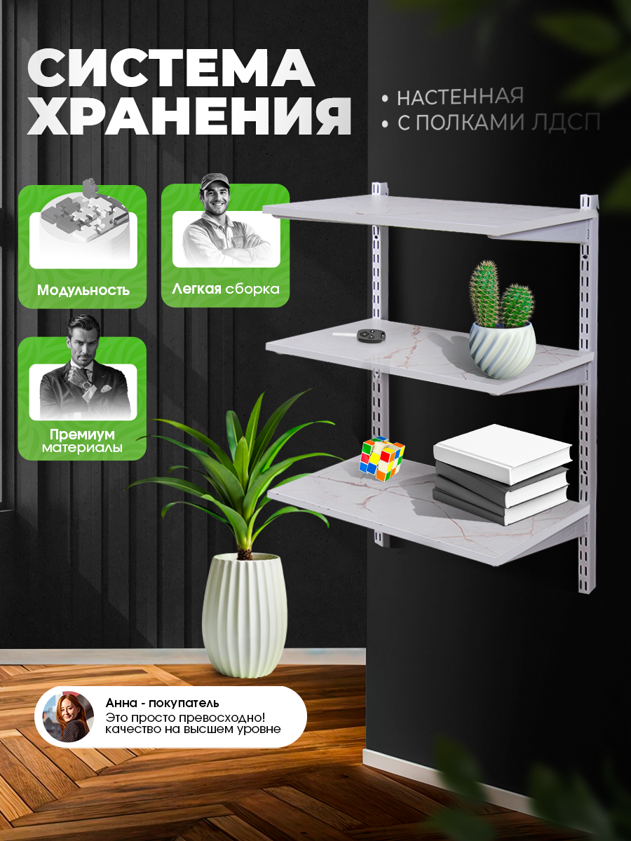 Настенная система хранения Практик Home Design, 3 полки, открытая конструкция, ЛДСП