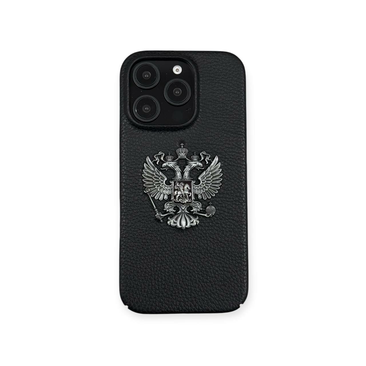 Кожаный чехол для iPhone 16 Pro Max с гербом России Натуральная итальянская кожа Премиум-качество Защита камеры