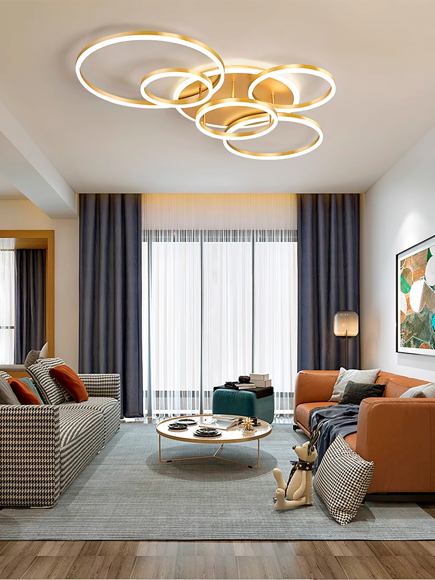 Потолочная светодиодная люстра кольца золотая 5+1 пульт приложение