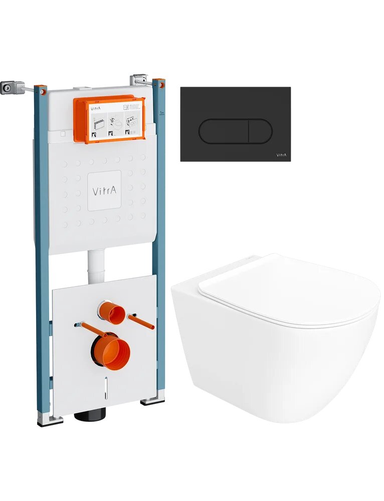 Инсталляция с унитазом комплект 3 в 1 Унитаз подвесной STWORKI Готланд S13401WH безободковый, с микролифтом, глянцевый белый, антивсплеск / Инсталляция VitrA V-Fix Core 732-5800-01PV / Кнопка черная