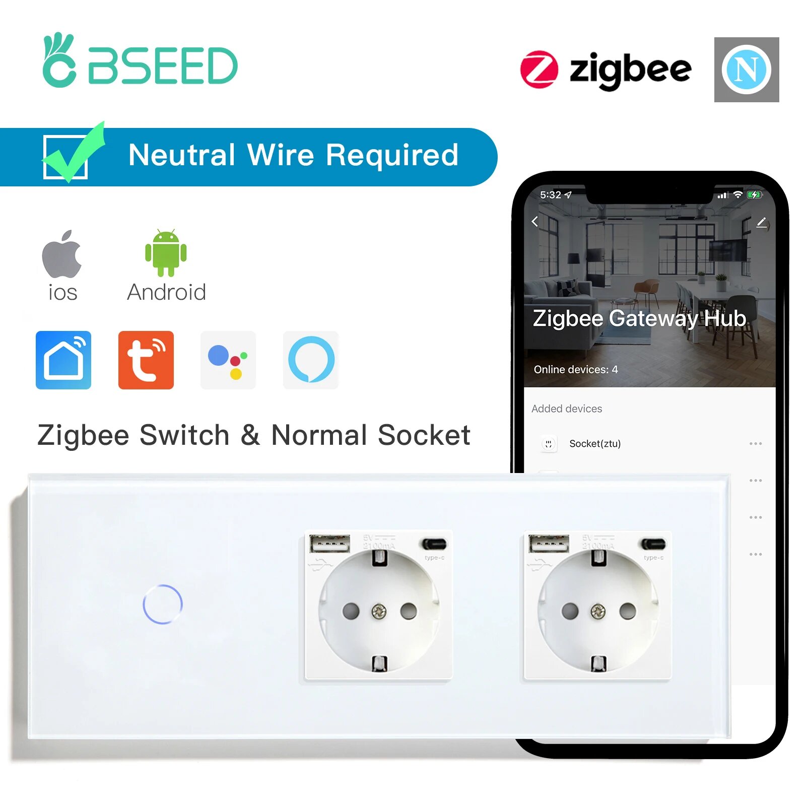 Интеллектуальные сенсорные выключатели BSEED Zigbee 1/2/3 Gang с зарядкой USB Type-C 1Gang Type-c