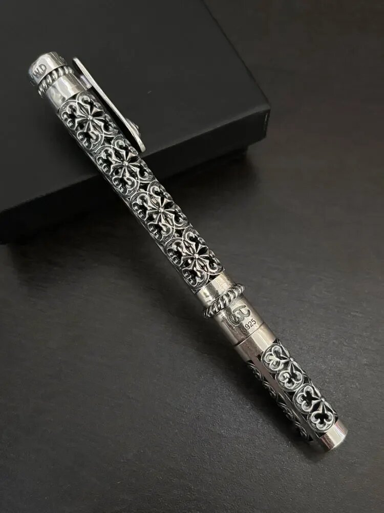 Шариковая ручка из серебра 925 пробы. Винтажная и элегантная серебряная полая резная ручка 925. Высокое качество.