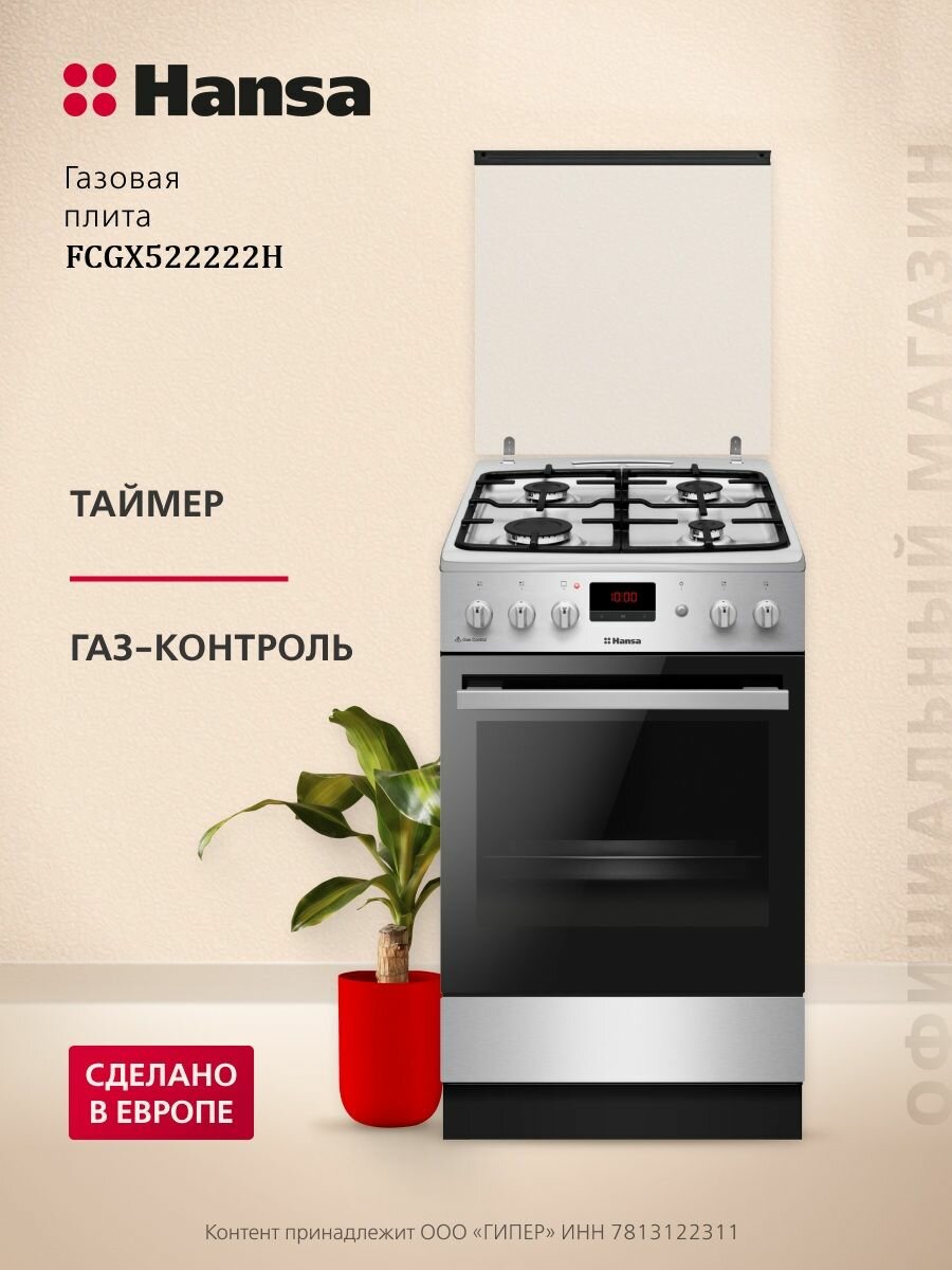 Газовая плита с духовкой Hansa FCGX522222H, нержавеющая сталь, 70 л, 7400 Вт, гриль, электроподжиг, газконтроль, таймер