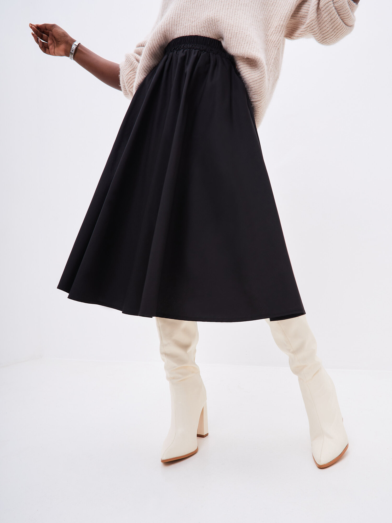 Юбка миди в складку на резинке хлопок черная, с подкладом, карманами и поясом