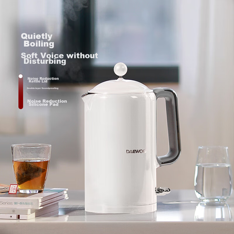 DAEWOO Retro Electric Kettle, Household Electric Water Boiler, Double-Layer Insulation Heat Preservation, 304 Stainless Steel, 1.5L Large Capacity, Quiet Operation, Gift-Giving, EK01 White Mechanical Model