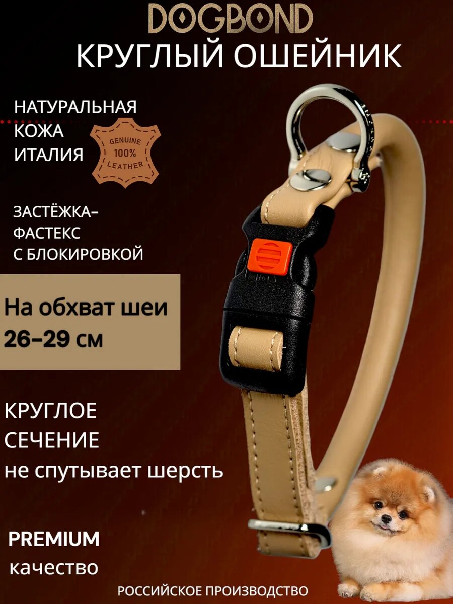 Dogbond Ошейник для шпица круглый кожаный 26-29 см