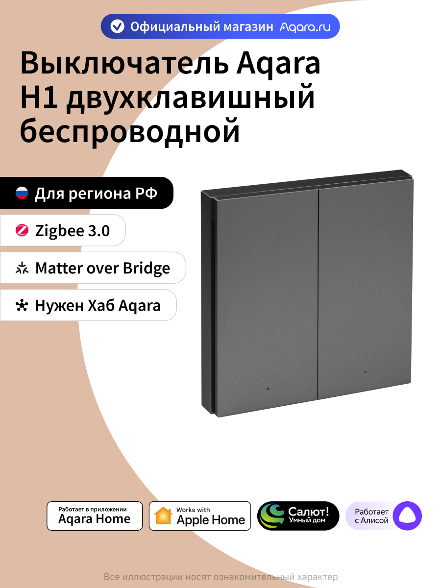 Умный беспроводной выключатель двухклавишный Aqara H1 WRS-R02_graphite, графитовый