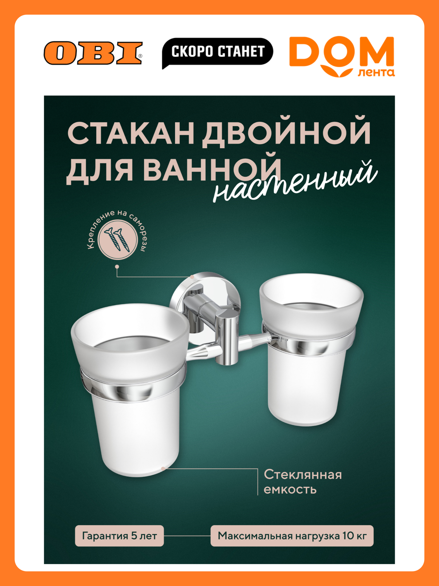Стакан для зубных щеток Fora Long, двойной, настенный, нержавеющая сталь, серебристый