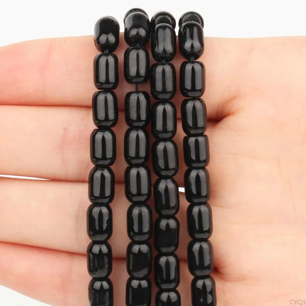 Турмалин чёрный (шерл) бочонки 6*10 мм, бусины на нитке (около 37 шт)