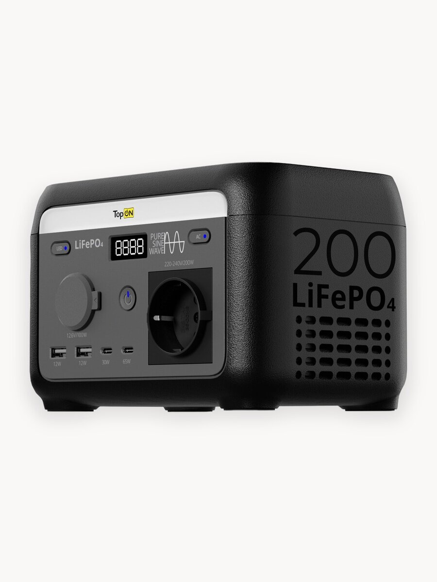 Портативная электростанция TopON TOP-H200 LFP 200 Вт, розетка 220 В, авторозетка 12.6 В, 2 Type-C, 2 USB, фонарь, EPS
